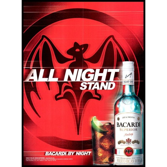 Bacardi | Art | 202 Bacardi Rum Vintage Print Ad All Night Stand Bat ...